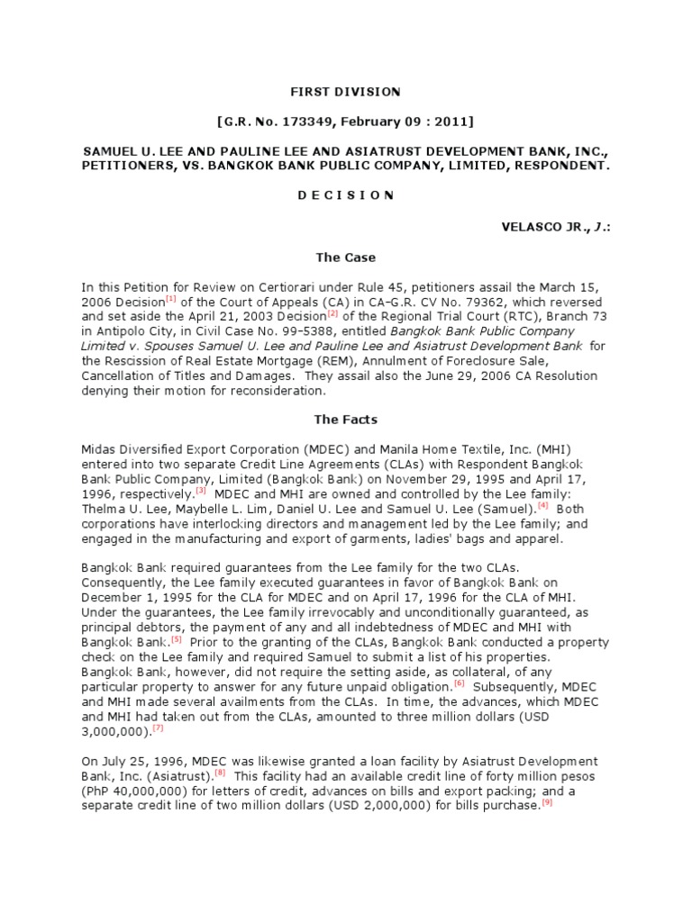 Lee vs. Bangkok Bank Public Company, 642 SCRA 447 | PDF | Mortgage Law ...