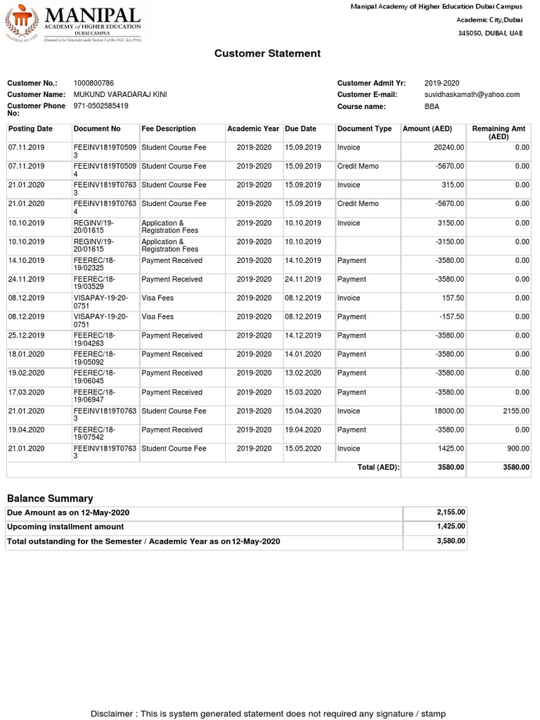 Manipal Academy Student Fee Statement | PDF | Fee | Services (Economics)