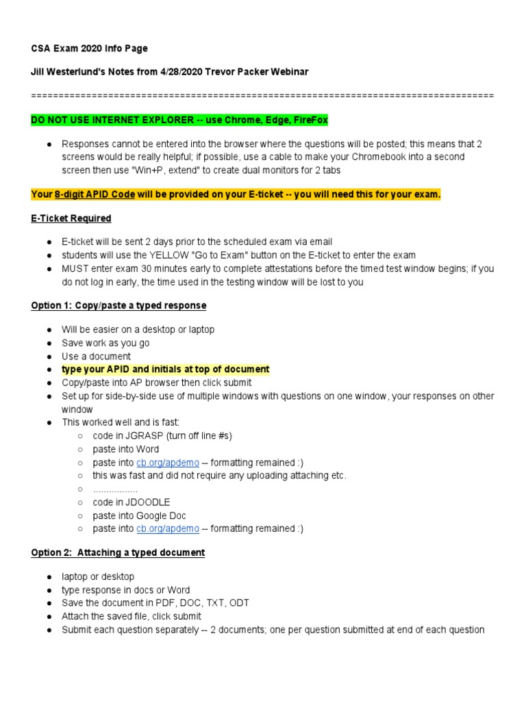 CSA Exam 2020 Info Page Jill Westerlund's Notes From 4/28/2020 Trevor ...