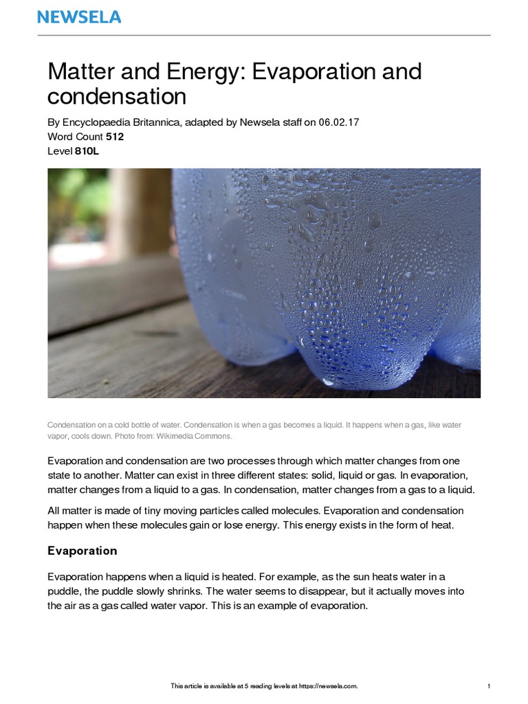 Evaporation and Condensation: Explaining Changes in Matter | PDF ...