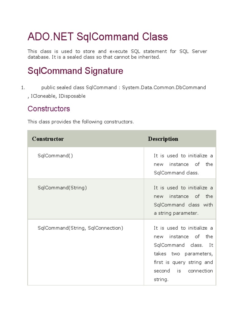 Sqlcommand Signature: Constructors | PDF | Constructor (Object Oriented Programming) | Programming