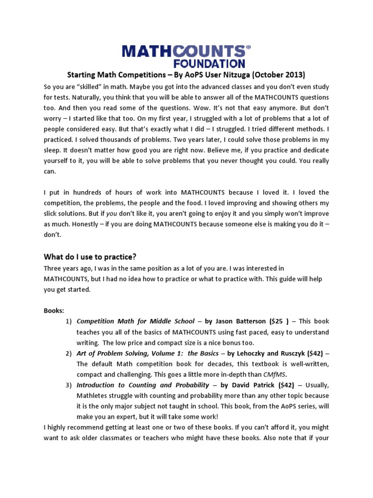 Starting Math Competitions - by Aops User Nitzuga (October 2013) | PDF ...