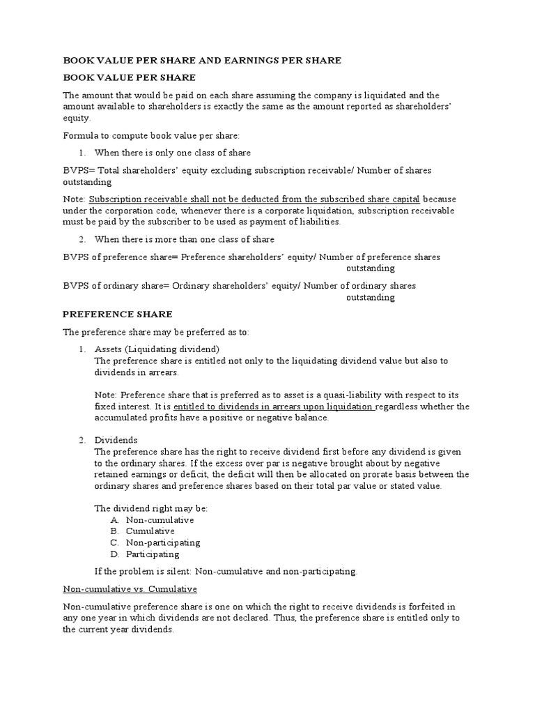 Book Value Per Share and Earnings Per Share Book Value Per Share | PDF | Preferred Stock ...