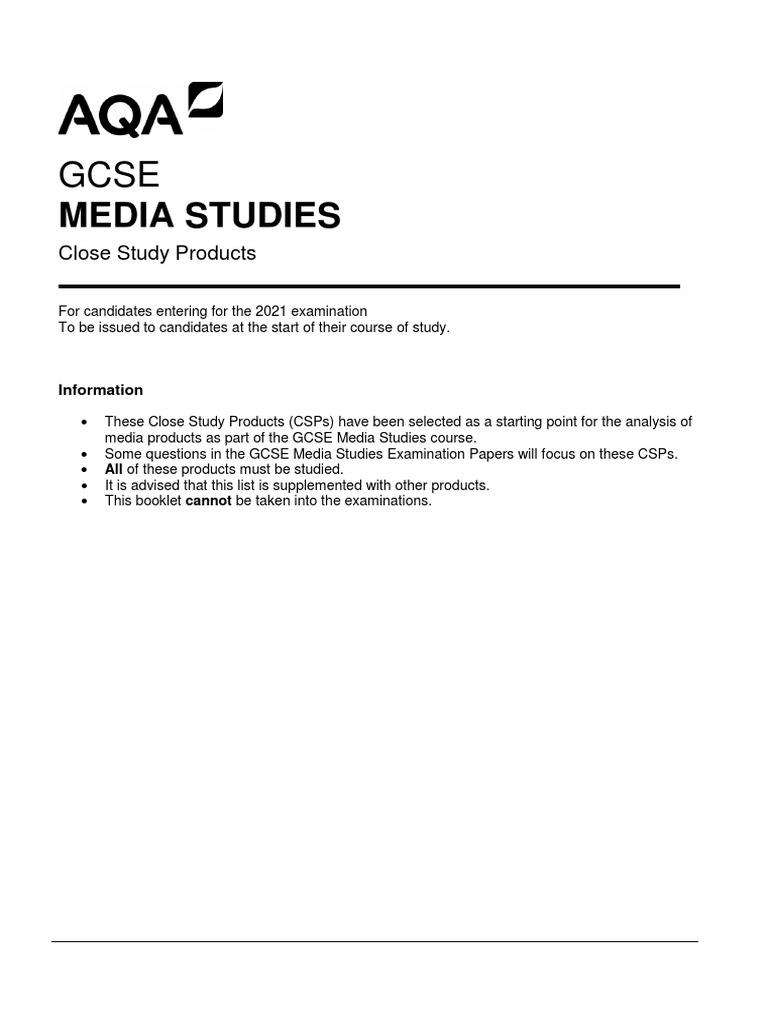 GCSE Media Studies Close Study Products Booklet v1.0 | PDF | Mass Media ...