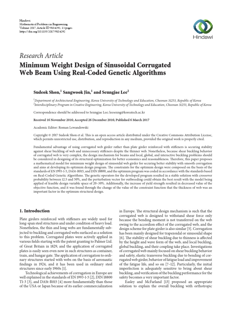 Research Article: Minimum Weight Design of Sinusoidal Corrugated Web Beam Using Real-Coded ...