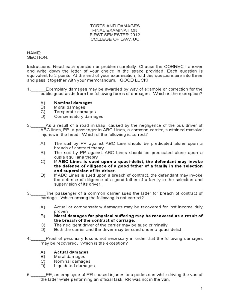 TORTS AND DAMAGES Final Exam ANSWERS | PDF | Damages | Punitive Damages