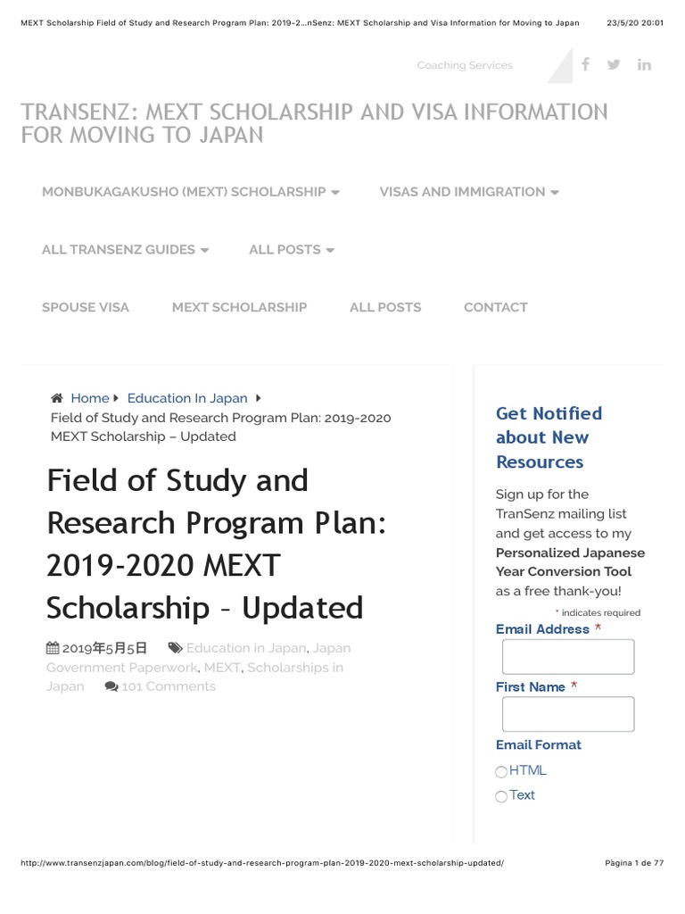 Field of Study and Research Program Plan: 2019-2020 MEXT Scholarship - Updated | PDF | Faq ...