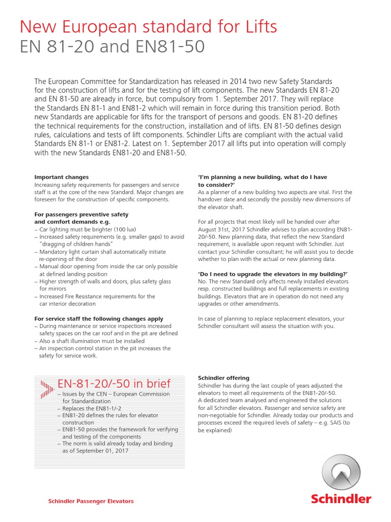Factsheet Elevator Norms En81 20 En81 50 | PDF | Elevator | Safety