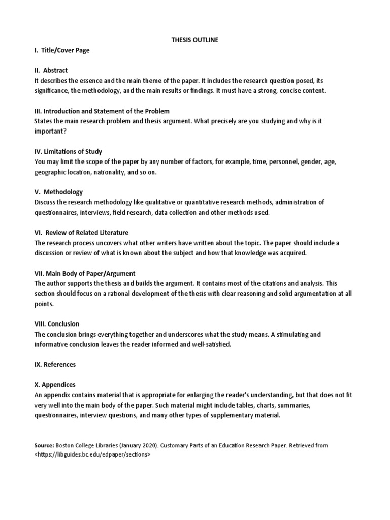 Thesis Outline I. Title/Cover Page II. Abstract | PDF