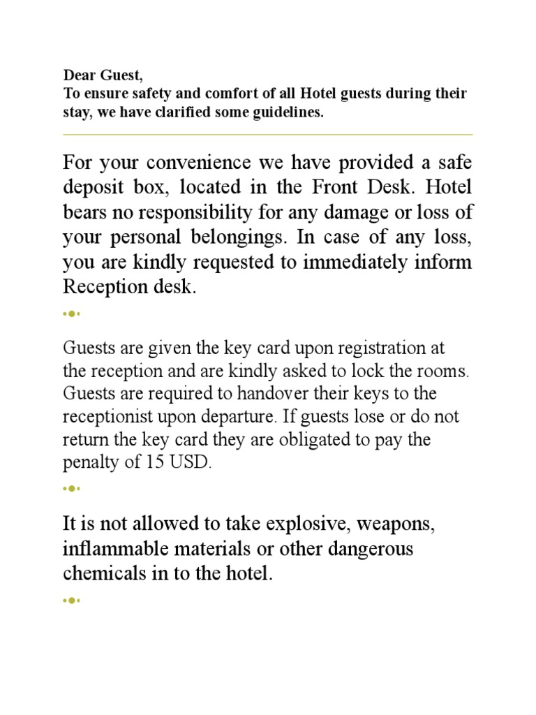 Dear Guest, To Ensure Safety and Comfort of All Hotel Guests During ...
