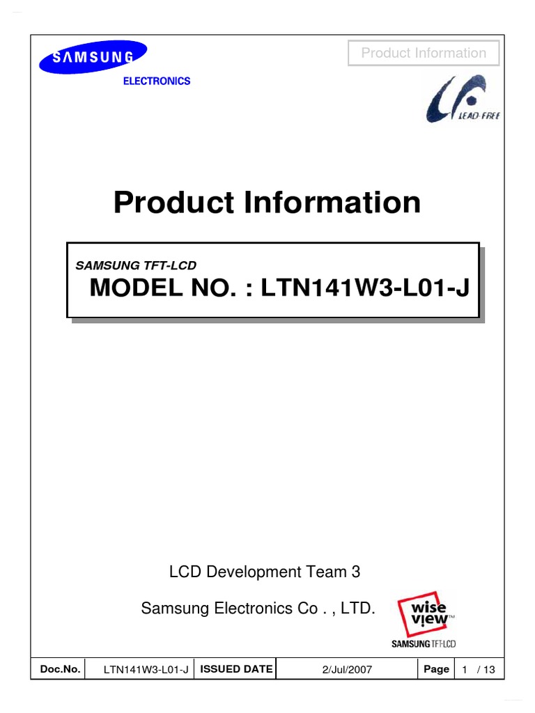 LTN141W3 L01 J - Samsung PDF | PDF | Thin Film Transistor Liquid Crystal Display | Computer ...