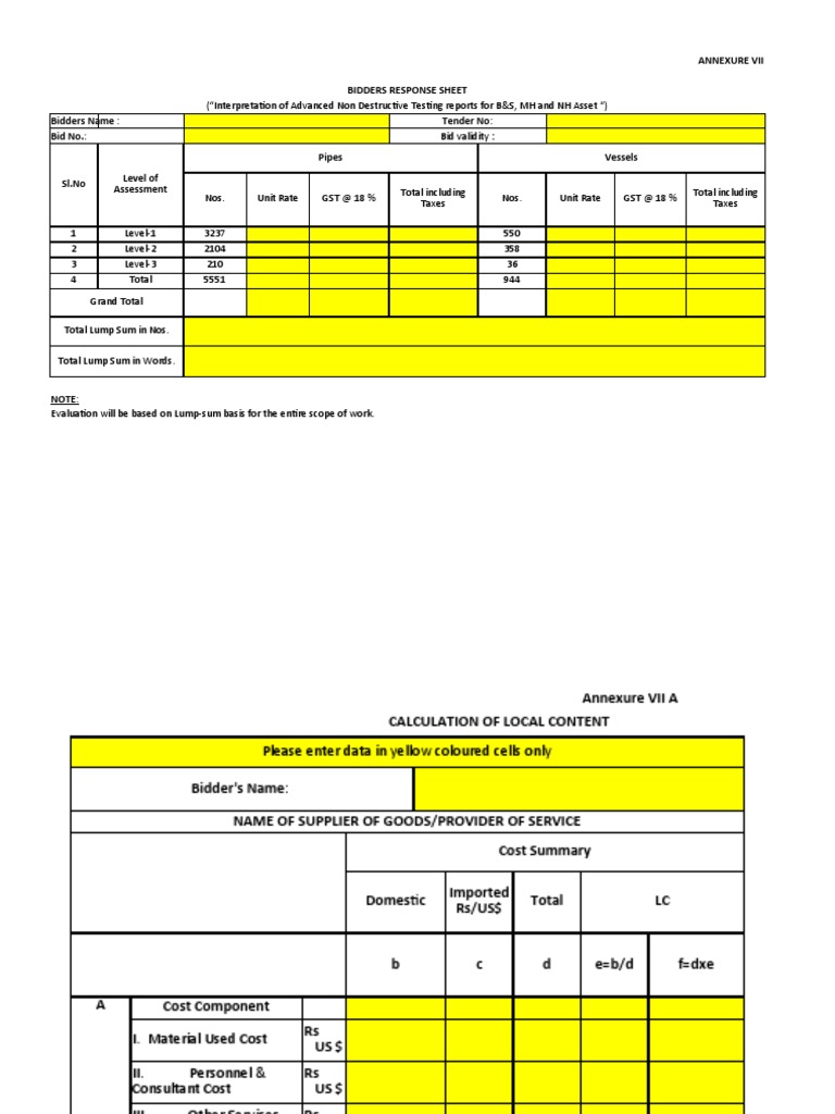 Bidder Response Sheet for NDT Reports | PDF | Value Added Tax | Cost