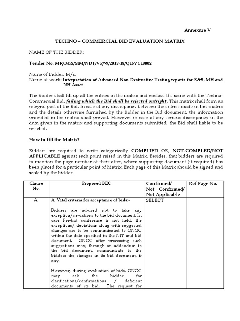 Annexure V Bid Matrix | PDF | Value Added Tax | Joint Venture