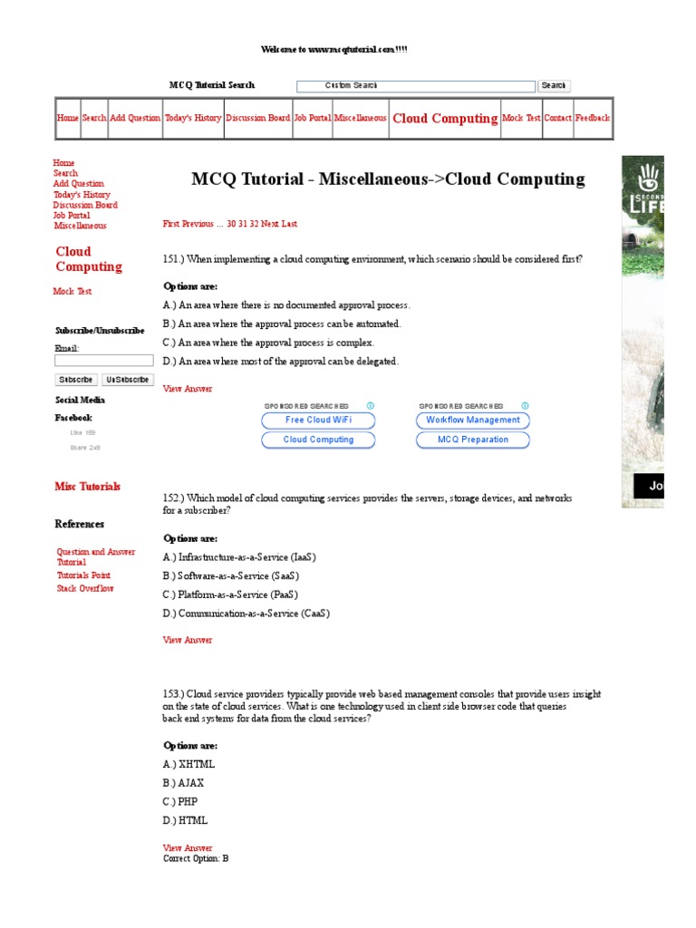 MCQ Tutorial - MCQ Questions For Set 31 in Cloud Computing | PDF | Cloud Computing | Software As ...