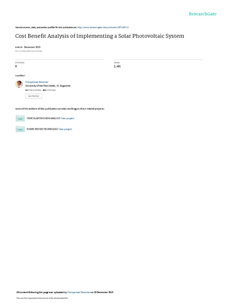 Cost Benefit Analysis of Implementing A Solar Photovoltaic System | PDF ...