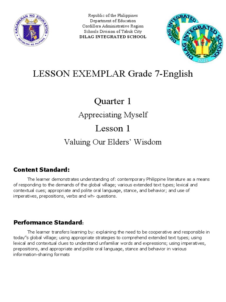 LESSON EXEMPLAR Grade 7-English Quarter 1 Lesson 1: Appreciating Myself ...