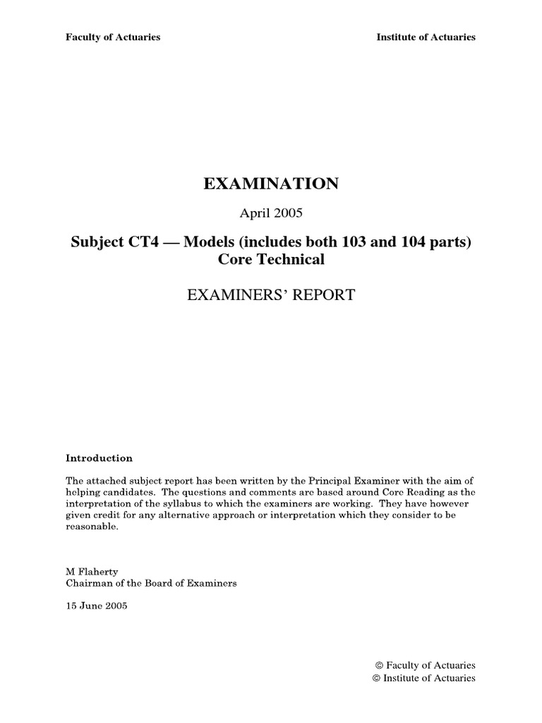 Examination: Subject CT4 Models (Includes Both 103 and 104 Parts) Core Technical | PDF ...