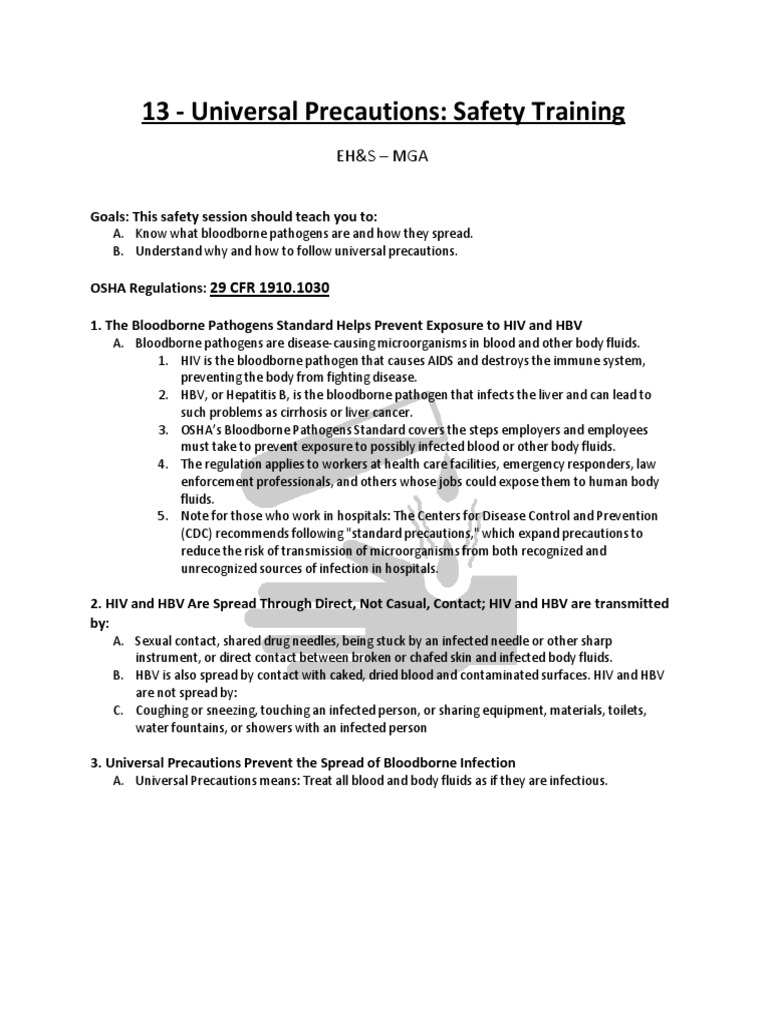 13 - Universal Precautions: Safety Training: Eh&S - Mga | PDF ...