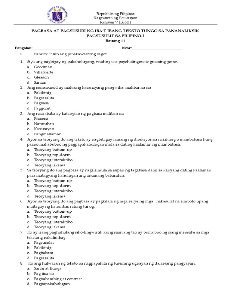 Pagbasa at Pagsusuri NG Ibat't Ibang Teksto Tungo Sa Pananaliksik Test ...