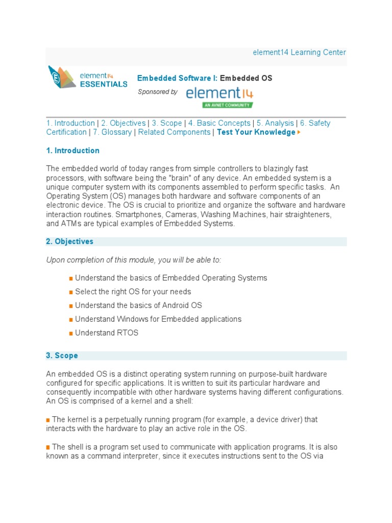 Embedded Software I:: Element14 Learning Center | PDF | Embedded System | Operating System