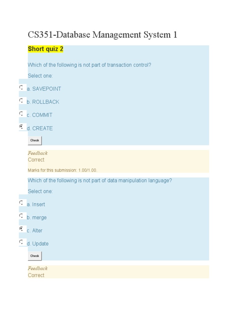 CS351-Database Management System 1: Short Quiz 2 | PDF | Relational Database | Databases