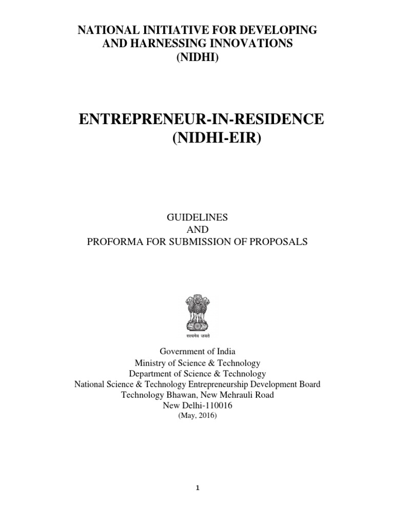 Guidelines and Proposal Format for the NIDHI-Entrepreneur-In-Residence (NIDHI-EIR) Support ...