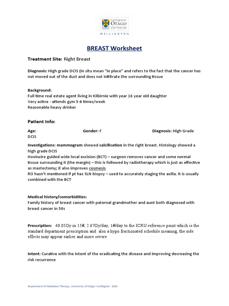BREAST Worksheet: Treatment Site: Right Breast | PDF | Breast Cancer ...