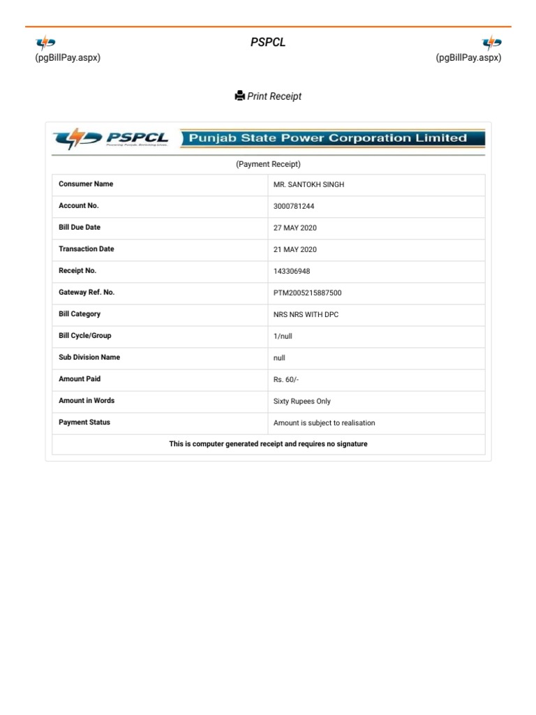 PSPCL - Bill Receipt - 21 May PDF | PDF