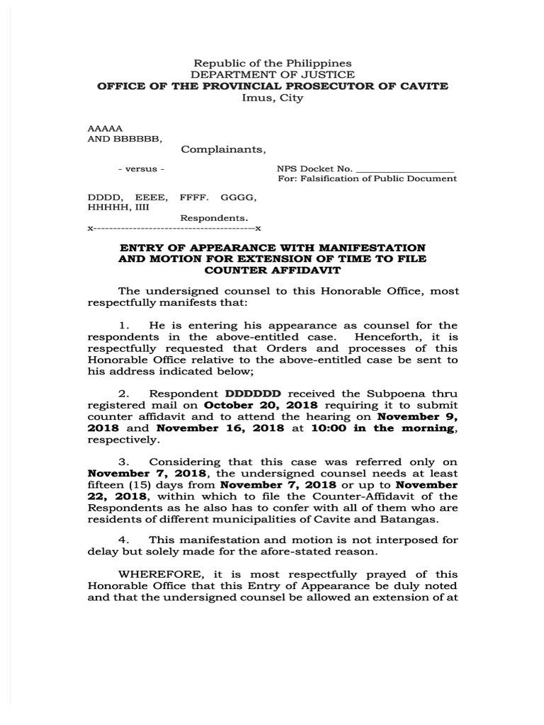 Sample Entry of Appearance With Manifestation and Motion For Extension ...