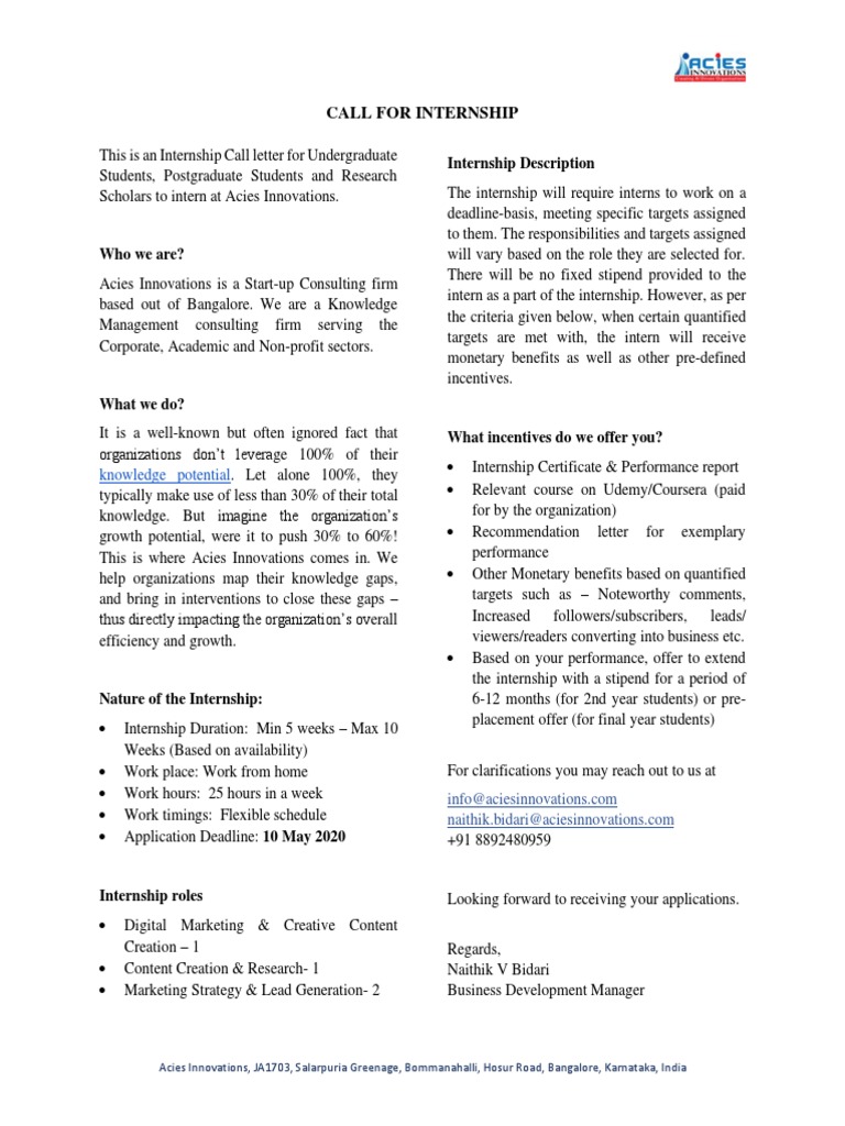 Call For Internship - ACIES Innovations PDF | PDF | Résumé | Internship