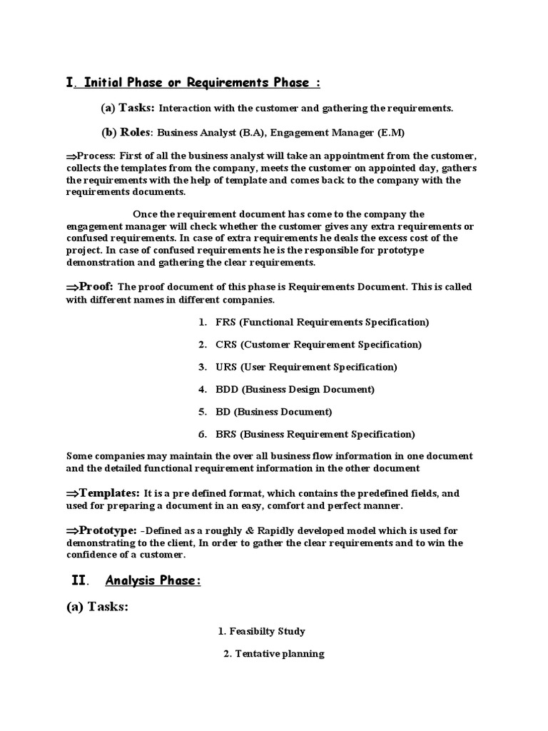 I. Initial Phase or Requirements Phase: (A) Tasks: (B) Roles | PDF ...