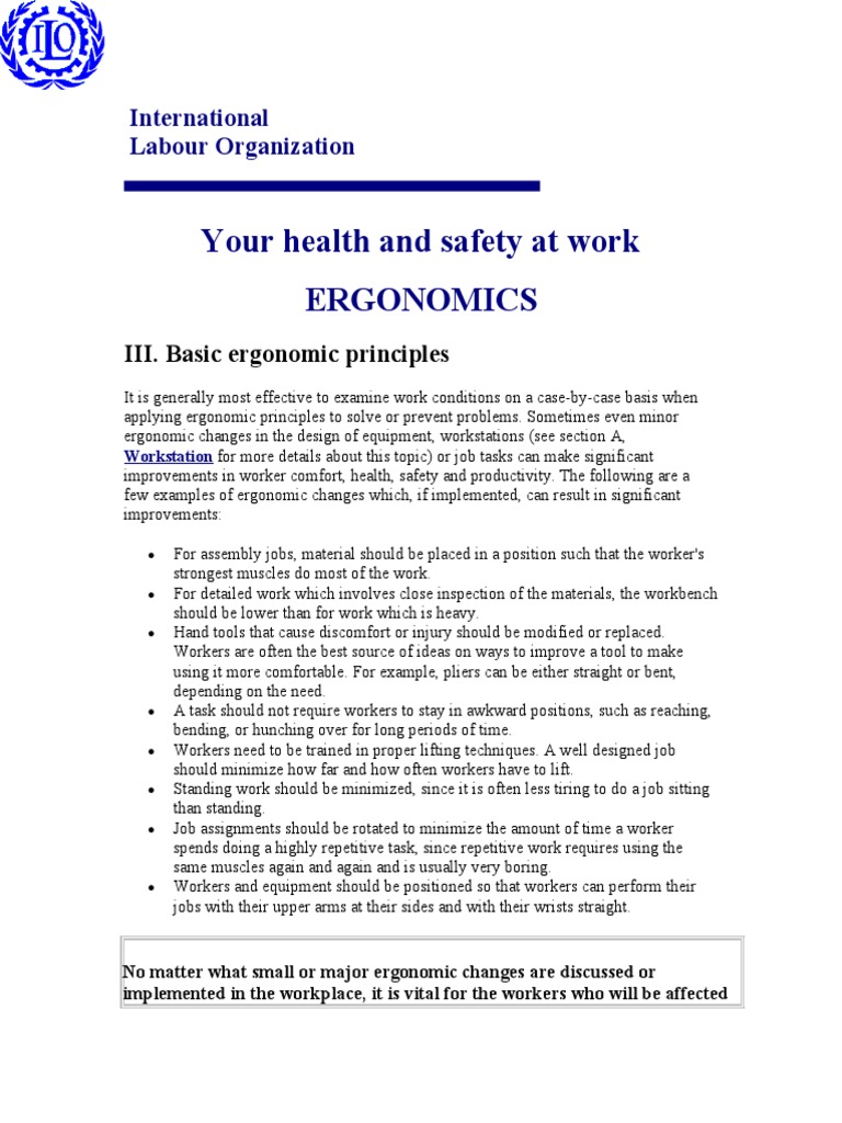 Your Health and Safety at Work Ergonomics: International Labour ...