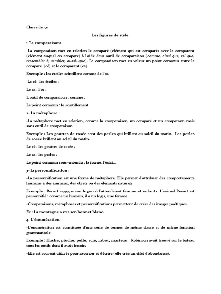 Figures de style en classe de 5e | PDF | Techniques de rhétorique ...