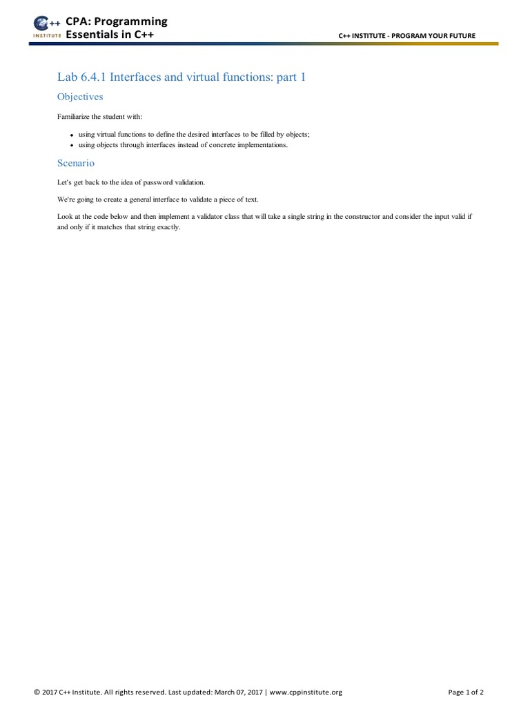 Cpa Programming Essentials In C Lab 641 Interfaces And Virtual Functions Part 1 Pdf 8674