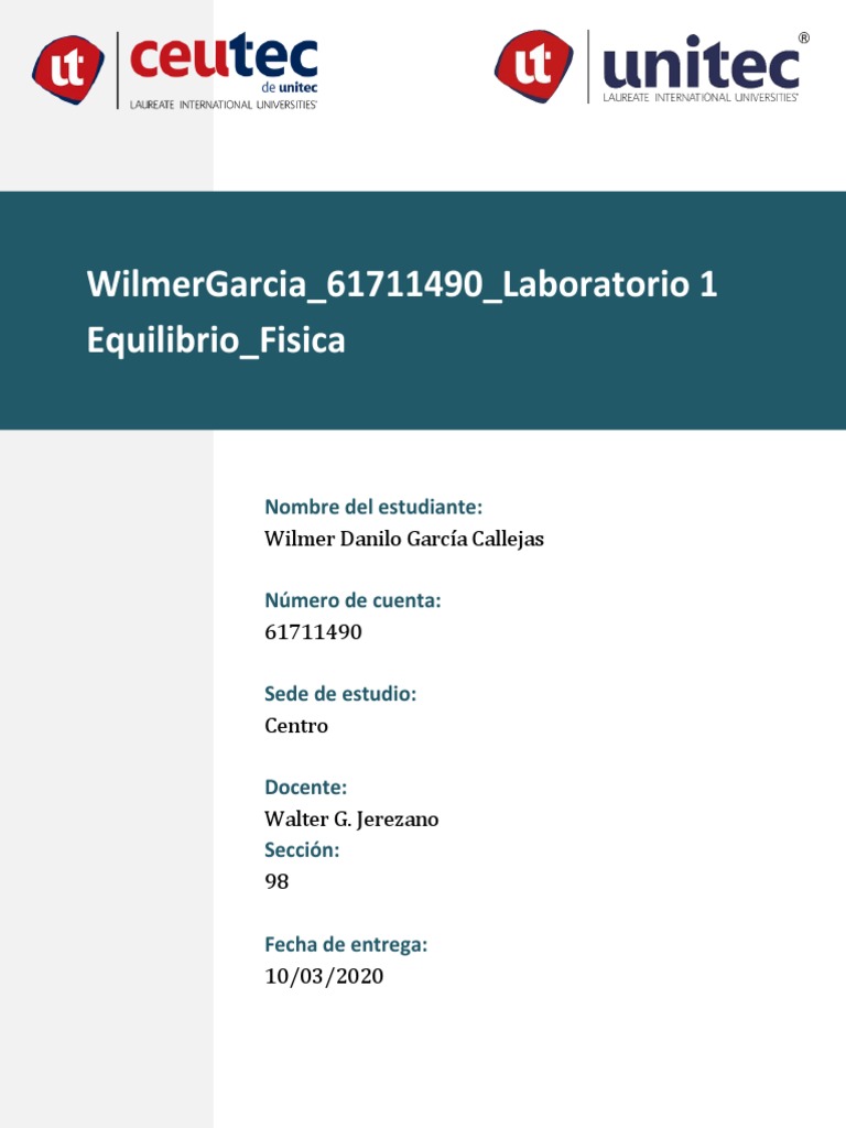 Wilmer Garcia 61711490 - LAB - EQUILIBRIO - Fisica - CEUTEC | PDF | Masa | Ciencias fisicas