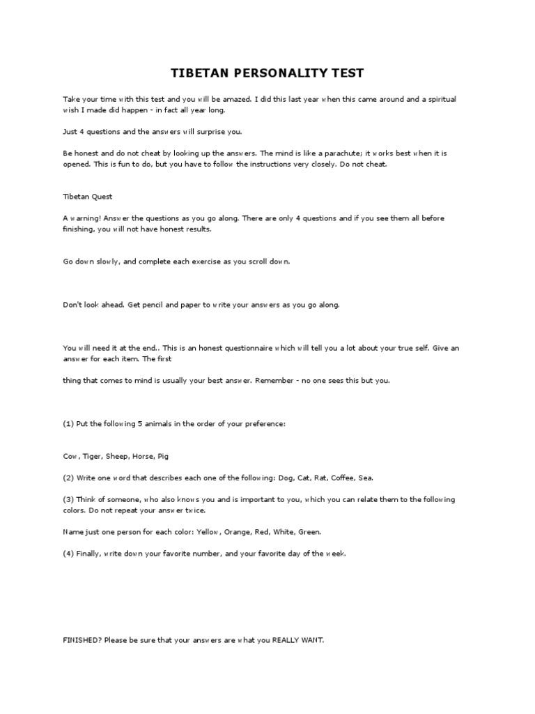 Tibetan Personality Test | PDF | Reason | Psychological Concepts