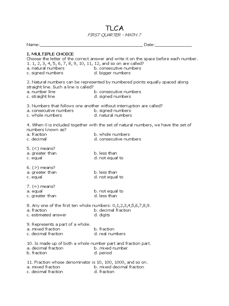 MATH 7 1st Quarter | PDF | Fraction (Mathematics) | Numbers