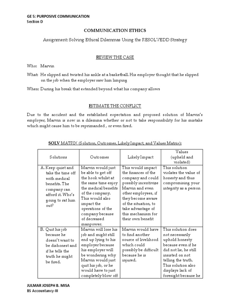 MISA - Solving Ethical Dilemmas Using The RESOLVEDD Strategy | PDF ...