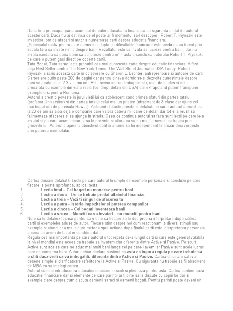 Rezumat Tata Bogat Tata Sarac | PDF