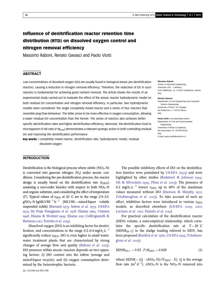 In Uence of Denitrification Reactor Retention Time Distribution (RTD ...
