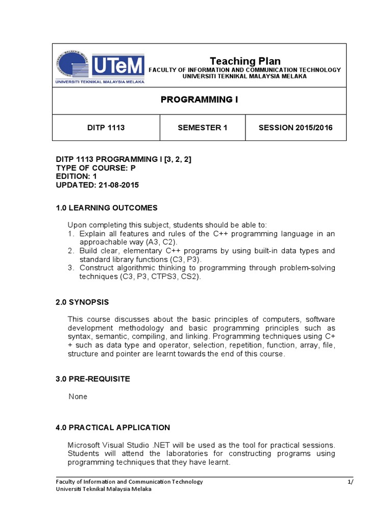 Teaching Plan: Programming I | PDF | Computer Program | Programming