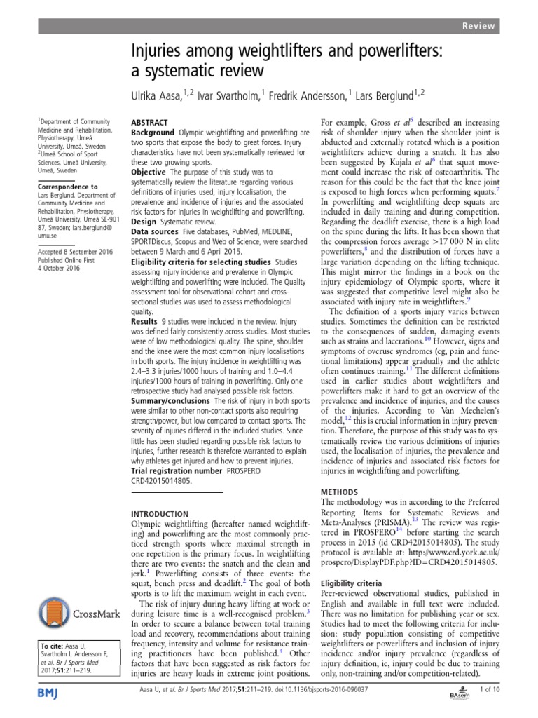 Injuries Among Weightlifters and Powerlifters: A Systematic Review ...