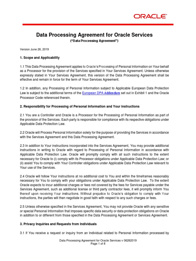 Data Processing Agreement For Oracle Services | PDF | Information ...