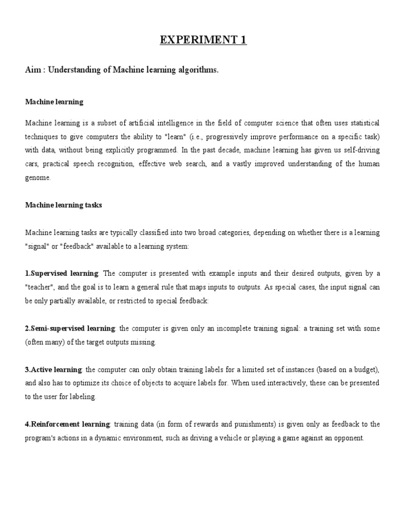 Experiment 1: Aim: Understanding of Machine Learning Algorithms | PDF ...
