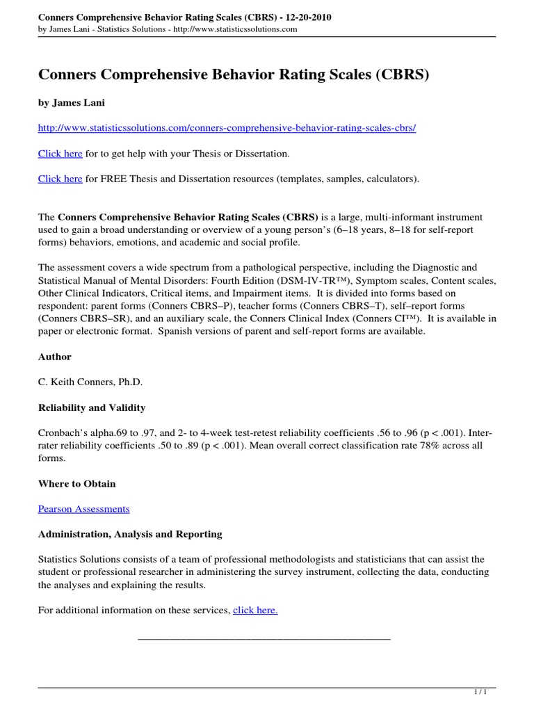 Conners Comprehensive Behavior Rating Scales Cbrs | PDF | Diagnostic ...