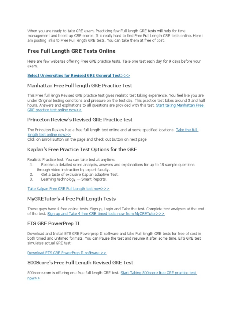 9 Free Full Length GRE Tests Online | PDF