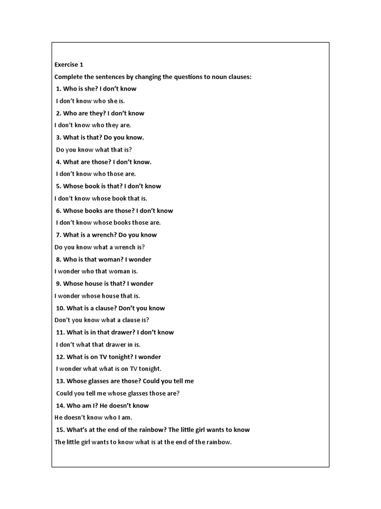 Complete The Sentences by Changing The Questions To Noun | PDF ...