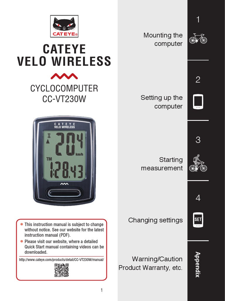 Cateye Velo Wireless: Cyclocomputer CC-VT230W | PDF | Calorie | Mode ...