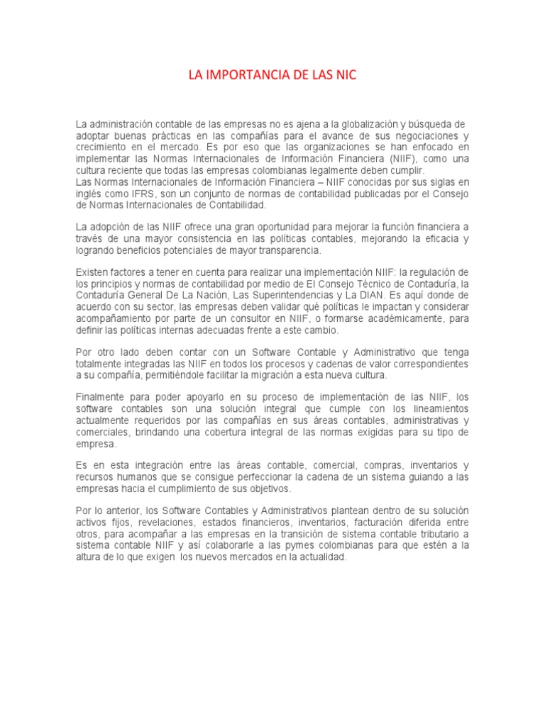 La Importancia de Las Nic y Niff | PDF | normas internacionales de ...