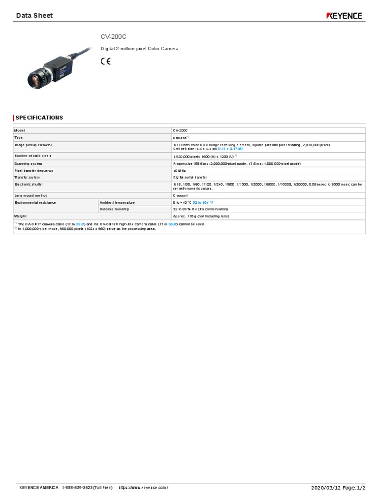 CV-200C Camera Specifications Overview | PDF | Camera | Pixel